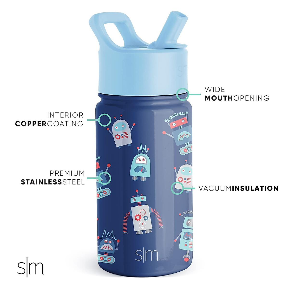 Simple Modern Kids Water Bottle with Straw Lid | Insulated Stainless Steel Reusable Tumbler for Toddlers, Girls, Boys | Summit Collection | 14oz, Robo We Go