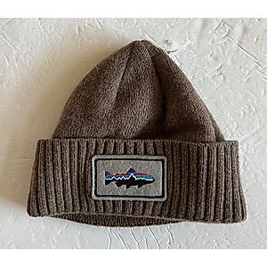 Patagonia Unisex Brodeo Beanie Hat One Size Recycled Wool Blend Skull (Heather Brown - Felt Fish Patch)