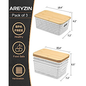 EOENVIVS Plastic Storage Baskets With Bamboo Lid Pantry Organization and Storage Containers Lidded Organizer Bins Small Baskets for Shelves Drawers Desktop Closet Playroom Classroom Office, 3 Pack