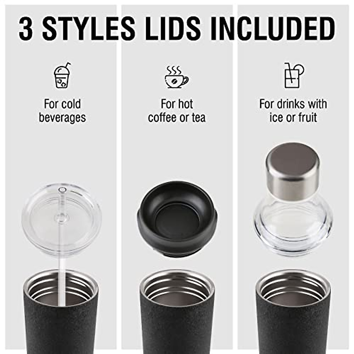 Ozark Trails Tumbler Set - 20 Oz, 3 Lids & Straw, Vacuum Insulated Stainless Steel Bottle with Leak-Proof Lid, Coffee Travel Mug With Straw Lid, Gift Box,Black