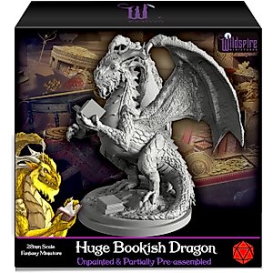 Wildspire Fantasy Bookish Dragon Paintable DND Miniature Huge 6" D&D Dragon Mini 28-32mm Dungeons and Dragons Figure for Fantasy Tabletop Miniatures and Accessory, Partially Assembled for TTRPG
