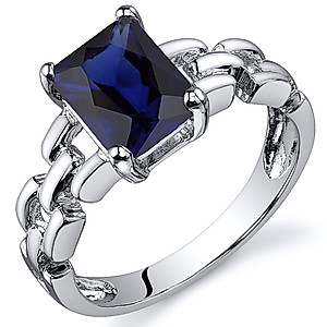 PEORA Created Blue Sapphire Chain Link Ring for Women 925 Sterling Silver, 2 Carats Radiant Cut 8x6mm, Size 9