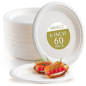 brheez 6 in Disposable Plates Paper Plates Alternative Compostable Plates Heavy Duty [Pack of 60] Eco-Friendly 100% Plant Fiber Biodegradable