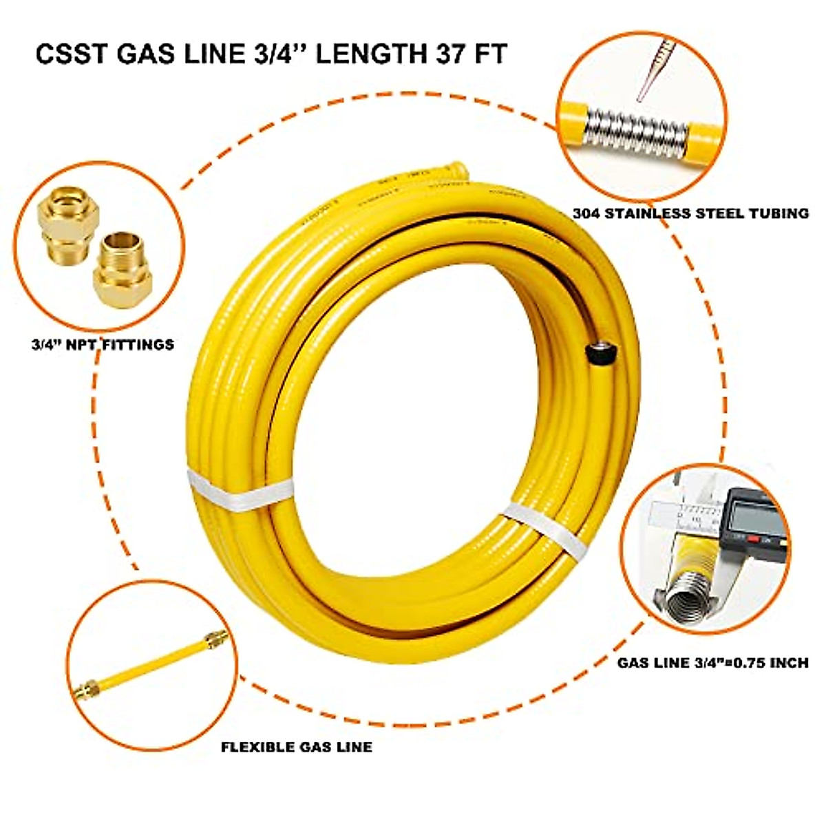 CSST Corrugated Stainless Steel Tubing 37 Ft 3/4" Flexible Natural Gas Line Pipe Propane Conversion Kit Grill Hose with Male Adapter Fittings