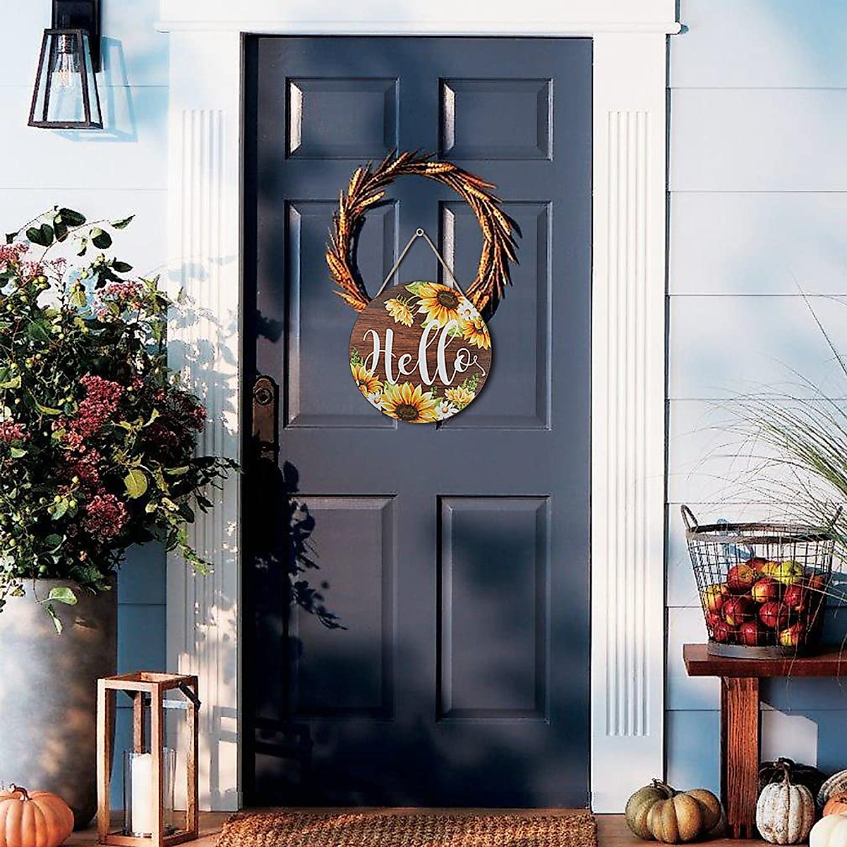 CHDITB Sunflower Welcome Sign Wreath (12''x12''), Rustic Wooden Hello Front Door Decoration Wall Hanging, Round Sunflower Wreaths for Front Door Home Office Farmhouse