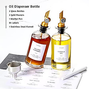 VITEVER Olive Oil Dispenser, Glass Oil Bottle Set,Coffee Syrup Dispenser for Kitchen, Orange-ish Cooking Oil and Vinegar Dispenser Set with Weighted Pourer, Funnel and 64 Labels