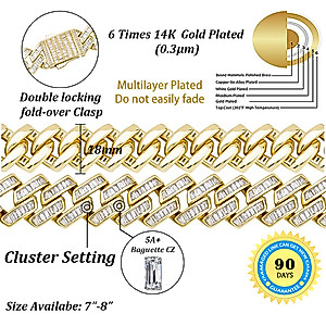 TOPGRILLZ 12mm/18mm Baguette Diamond Miami Cuban Link Bracelet for Men Women 6 Times 14K Gold Plated Solid CZ Jewelry Double Spring Clasp Gifts (18mm Gold, 8)