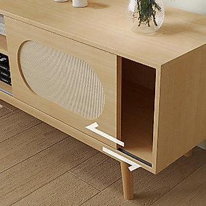 VOWNER Farmhouse Rattan TV Stand for 55/60/65 inch TV, Modern Entertainment Center with Natural Rattan Door and 2 Open Shelves, TV Console Table for Living Room, Wood Color