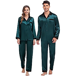 SWOMOG Silk Pajamas Set Women Long Sleeve Satin Sleepwear Loose Long Pants Loungewear Couples Pjs Set for His and Her Deep Green