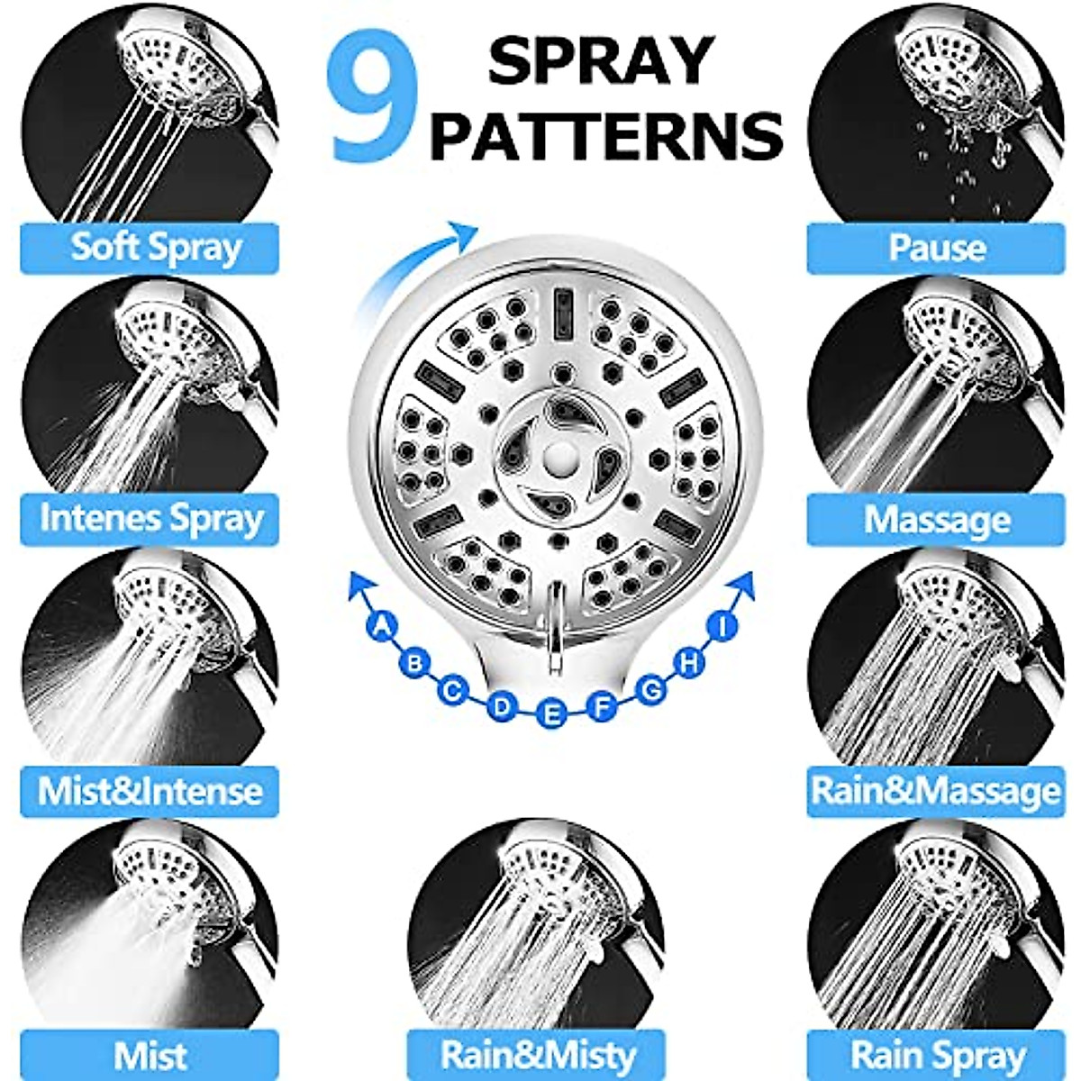 Shower Head - 8" High Pressure Rainfall Shower Head with 11" Extension Arm, 9 Settings Handheld Shower Head Combo, Anti-leak Shower Head with Holder, Height/Angle Adjustable, 1.5M House, Chrome