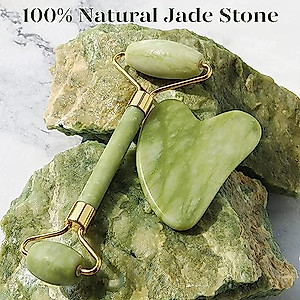 BAIMEI Jade Roller & Gua Sha Facial Tools Face Roller and Gua Sha Set for Skin Care Routine and Puffiness - Green