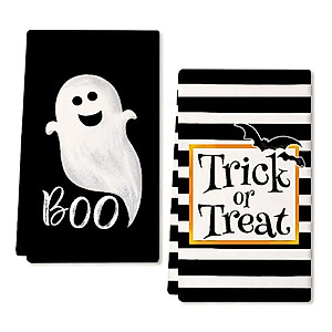 GEEORY Halloween Kitchen Dish Towels Set of 2,Trick or Treat White Ghost Stripes 18x26 Inch Drying Dishcloth,Farmhouse Home Decoration GD123