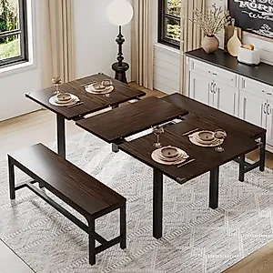 iPormis 3 Pcs 63" Dining Table for 4-6, Extendable Dining Room Table with 2 Benches, Mid Century-Modern Kitchen Table Set for Small Space, Easy Clean, Espresso