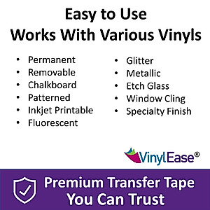 Vinyl Ease 6 inch x 100 feet roll of Paper Transfer Tape with a Medium to High Tack Layflat Adhesive. Works with a Variety of Vinyl. Great for Decals, Signs, Wall Words and More. American Made V0820