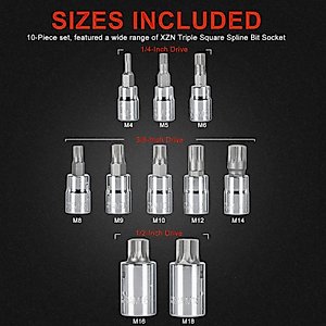 AOBEN 15 PCS XZN Triple Square Spline Bit Socket Set, S2 Alloy Steel Bits with Cr-V Steel Socket, M4-M18, Includes Socket Adapters