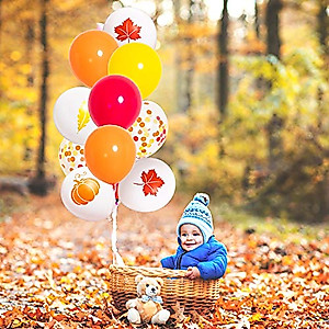 Whaline 80Pcs Fall Balloon Set Autumn Leave Maple Leave Pumpkin Pattern Balloons Red Orange Yellow Confetti Balloon with Yellow Orange Ribbon for Fall Autumn Party Thanksgiving Birthday Wedding Decor