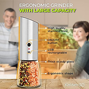 Rechargeable Electric Pepper Grinder, Automatic Gravity Salt Mill with Adjustable Coarseness, Brushed Stainless Steel, Ceramic Blades and Refillable Glass (Silver grinder - 1 unit)