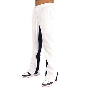 SCREENSHOT-S41702 Mens Streetwear Premium Stacked Flare Fit Urban Track Pants - Modern Workout Athletic Wide Bottoms Inseam Taping-White/Black-3XLarge