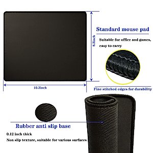 Pupbbi Mouse pad 3 PCS of Black Standard Mouse Pads, Mouse pad with Stitched Edges，Rubber Anti Slip Base Mousepad，Mouse Pads for Office and Games, Washable，Square,10.3inch x 8.3inch x 0.12inch