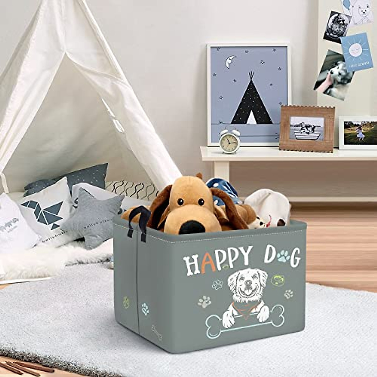 Clastyle Collapsible Happy Dog Toy Storage Bin with Handle Grey Rectangular Puppy Storage Basket for Pets Toys Clothes Leashes, 15.7x11.8x11.8 in