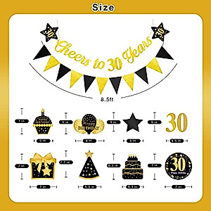 PRE-STRUNG 30th Birthday Banner, Cheers to 30 Years Banner, Happy 30th Birthday Hanging Swirl Ceiling Decoration for Men Women Him Her, Black Gold 30 Year Old Birthday Party Decor Kit, 30PCS, Vicycaty