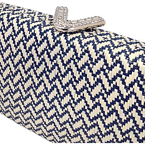 Chevron Raffia Straw Box Clutch with V Ornament