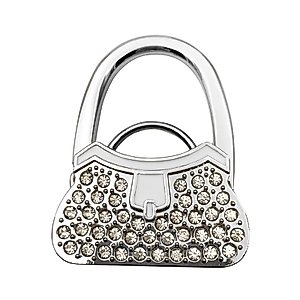 Purse Hook Portable Purse Hanger Embedded Rhinestone, Womens Handbag Hangers for Table Foldable Purse Magnet, Silver