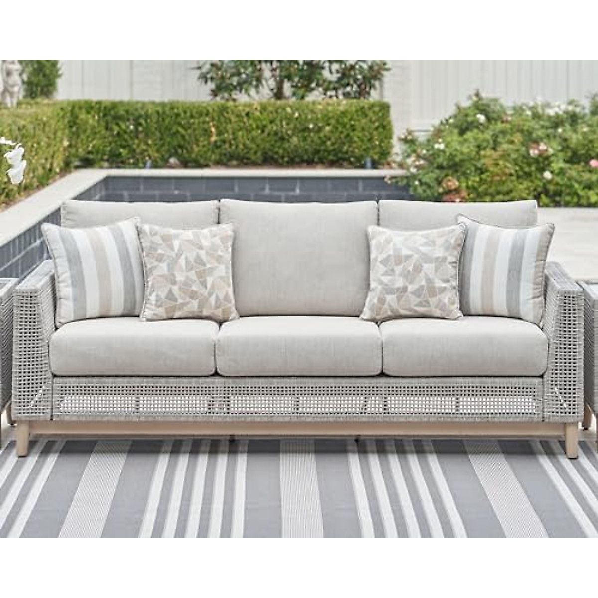 Signature Deisgn by Ashley Seton Creek Outdoor Sofa with Cushion, 83" W x 36" D x 36" H, Light Brown & Light Gray