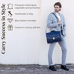 Time Resistance Leather Briefcase for Men Handmade Italian Laptop Bag Classy Blue Attache Case