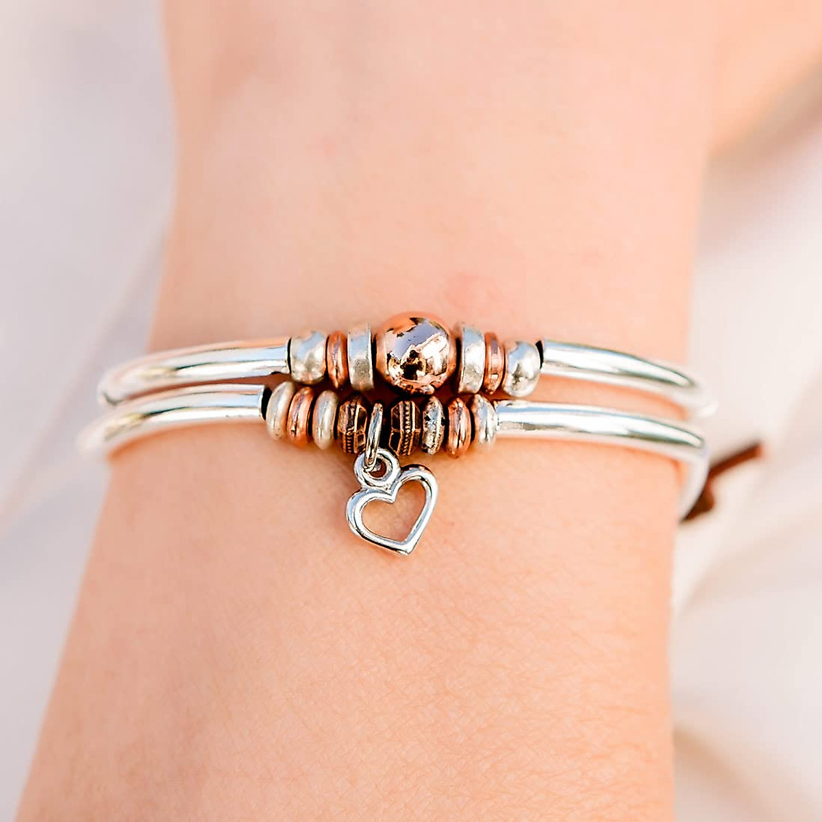 Lizzy James Colette Silver & Rose Gold Adjustable Bracelet with Silver Heart Charm in Natural Antique Brown Leather for Women