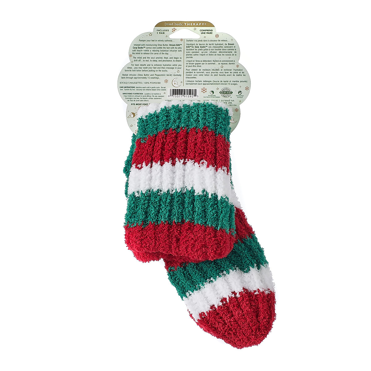 Earth Therapeutics Cozy Socks with Shea Butter - Red + Green Stripe