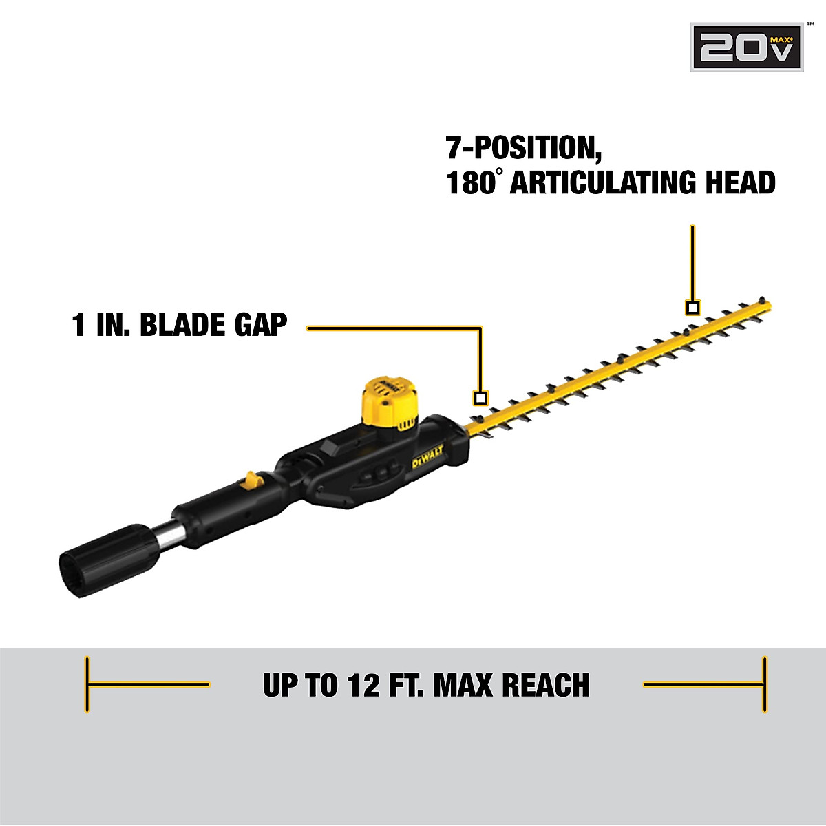 DEWALT 20V MAX* Pole Saw & Hedge Trimmer Attachment, 15-foot Reach, Brushless (DCPS620M1 & DCPH820BH)