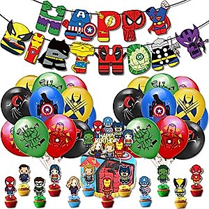 Superhero Party Supplies Superhero Party Decorations, 20Pcs Superhero Balloons, 1Pcs Happy Birthday Banner, 13Pcs Superhero Cake and Cupcake Toppers for Kids Birthday Party