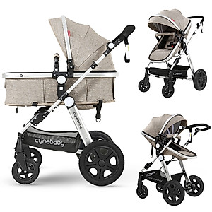Cynebaby Baby Stroller, Convertible Bassinet Stroller for Newborn Infant Lightweight Pram Strollers with Snack Tray… (Khaki)