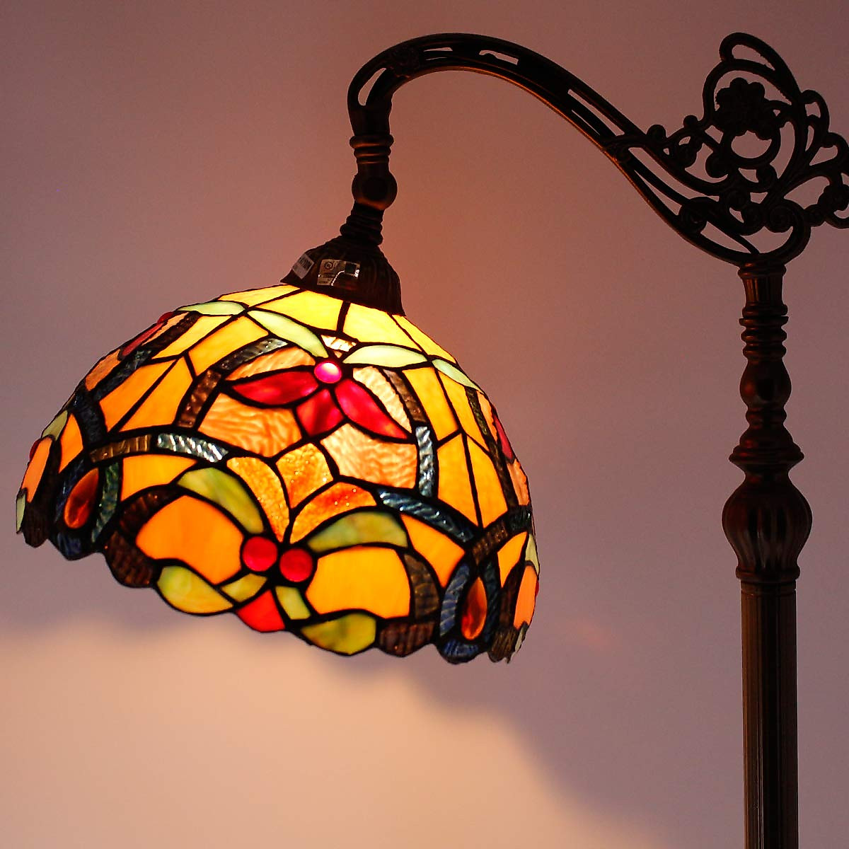 WERFACTORY Tiffany Floor Lamp Orange Liaison Stained Glass Arched Lamp 12X18X64 Inches Gooseneck Adjustable Corner Standing Reading Light Decor Bedroom Living Room S617 Series