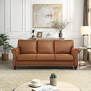 Livavege, 80" Mid-Century Modern, Breathable Faux Leather Upholstered Cushions/Pillows, 3-Seat Sofas & Couches for Living Room Apartment Office, Light Brown