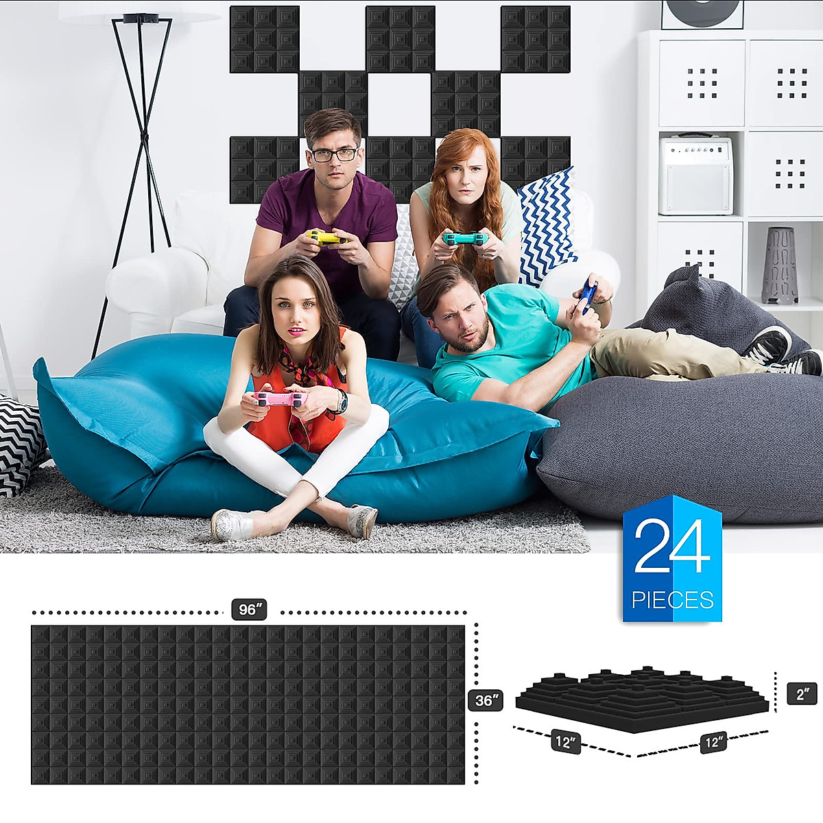 Acoustic Foam Panels of 24 Pack, 2021 New Sound Proof Foam Panels 2" x 12" x 12", Soundproof Insulation for Wall, Noise Absorbing Padding for Music Studio Bedroom Home, Decreasing Noise