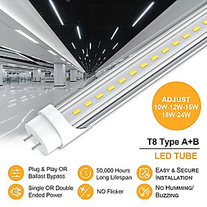 T8 LED Tube Light Bulbs 4 Foot, 5 Power(10W-24W)& 6CCT(3000K-6500K) All in 1,Plug & Play or Ballast Bypass,T8 T12 4ft Fluorescent Tube Light Bulbs Replacement, Type A+B Tube, ETL DLC(Clear-6Pack)
