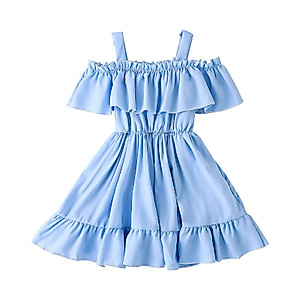 Toddler Baby Girls Summer Dress Chiffon Princess Dress Little Girl Clothes Sleeveless Off-Shoulder Dress Pure Blue
