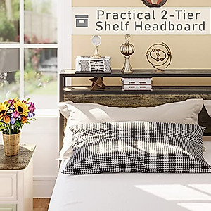 LIKIMIO Queen Bed Frame with Storage Headboard, Platform Bed Frame Queen Size with Strong Supports, More Sturdy, Noise-Free, No Box Spring Needed, Rustic Maple
