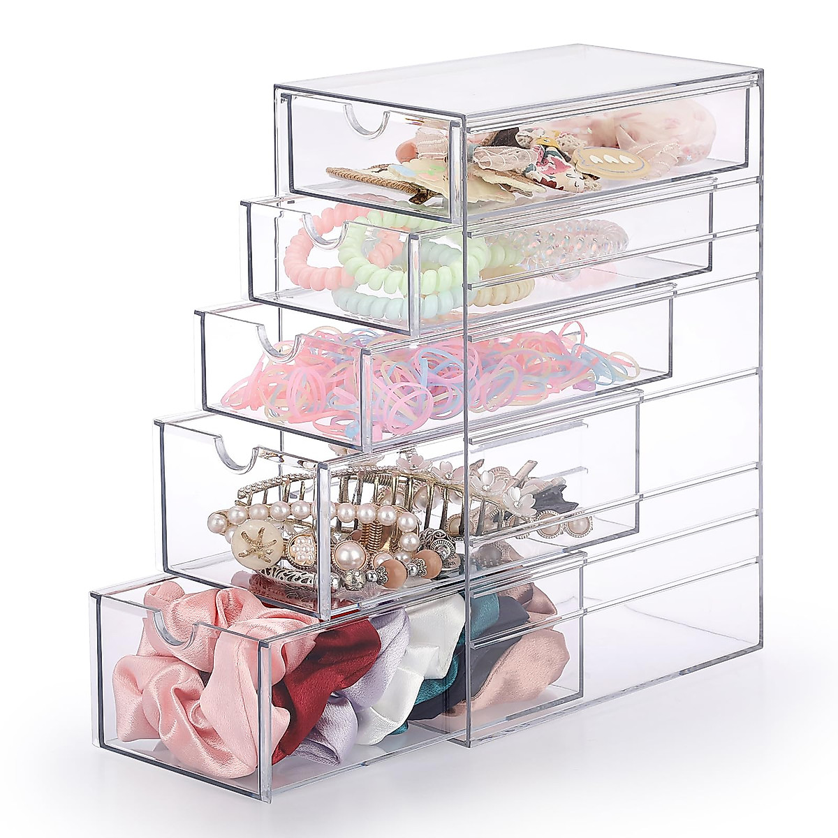 Hipiwe 5-Drawers Plastic Storage Organizer, Clear Hair Accessories Organizer with Large Capacity for Bathroom, Dresser, Cosmetic Hair Tie Container for Girls Women