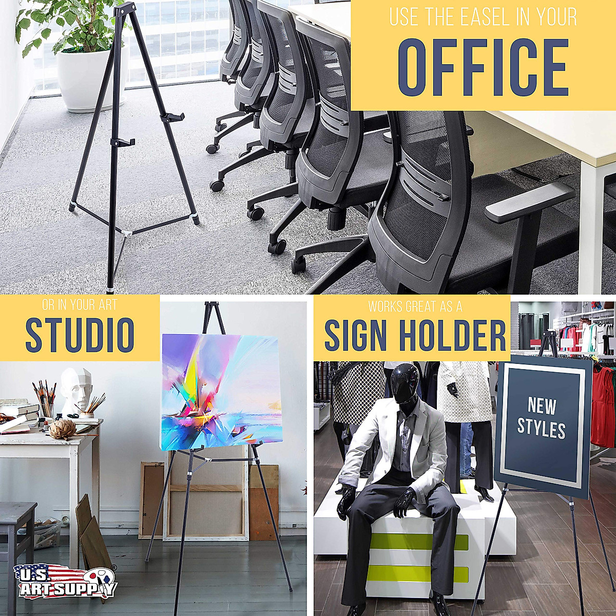 U.S. Art Supply 66" High Showroom Black Aluminum Display Easel and Presentation Stand - Large Adjustable Height Portable Tripod, Holds 25 lbs - Floor and Tabletop, Display Paintings, Signs, Posters