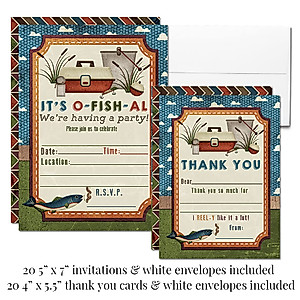 Amanda Creation Deluxe Gone Fishing REELY Fun Birthday Party Bundle Includes 20 Invitations & Thank You Cards with Envelopes + 3 Different Sizes of Stickers & Water Bottle Labels!