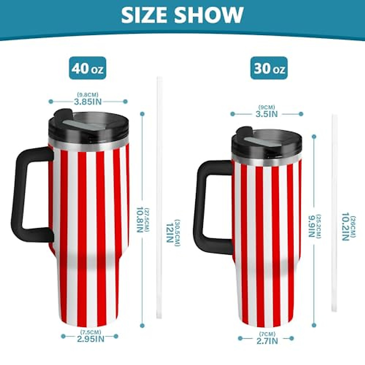 Flradish 40oz Tumbler with Handle, Red White Stripes Stainless Steel Tumbler with Lid and Straws Double Wall Vacuum Insulated Leakproof Coffee Travel Mug