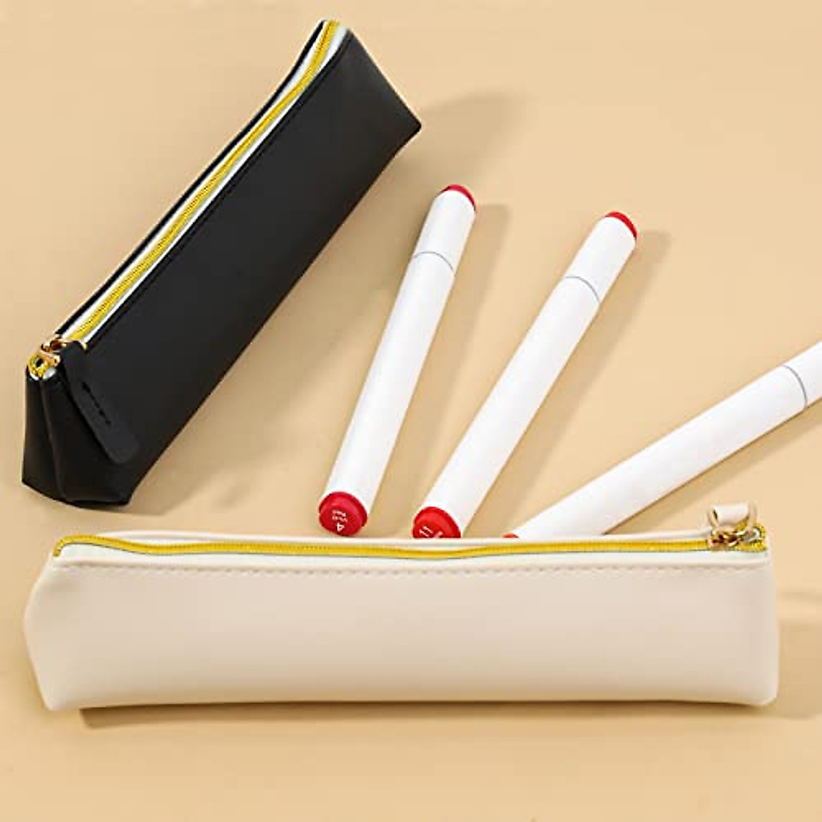 Vin Beauty 2 Pcs Leather Pencil Pouch, Slim Design Small Pencil Pouch Pencil Bag Zipper Pencil Case Bag Stationery Pouch Bag for Pens, Pencils, Markers(Black&Beige)