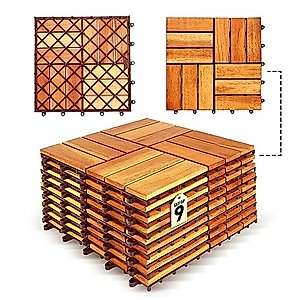 Cloverholm 10 Pcs Acacia Wood Deck Tiles - Waterproof, 12' x 12', Patio Tiles for Indoor & Outdoor, Garden, Roof Terrace - Checker Pattern (Natural-12S-9P)