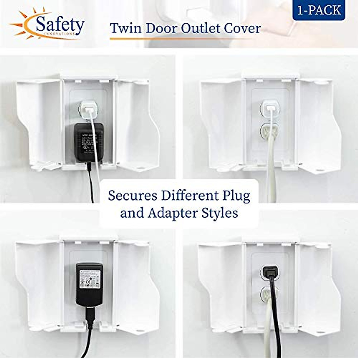 Safety Innovations Twin Door Baby Safety Outlet Cover Box for Babyproofing Outlets - More Interior Space for Extra Large Electrical Plugs and Adapters - Easy to Install - Easy to Use, (1-Pack)