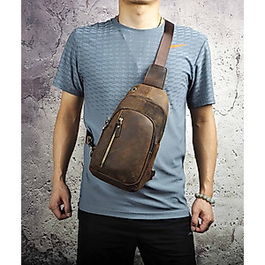 Le'aokuu Men Outdoor Casual Travel Hiking Tea Crossbody Chest Sling Bag Rig One Shoulder Strap Bag Backpack Men Leather