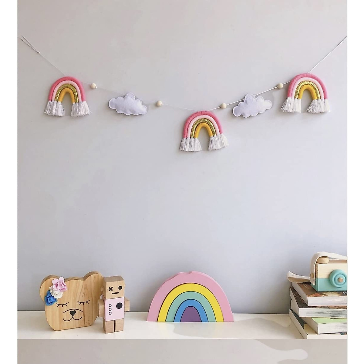JUJOBEE Boho Rainbow, Clouds, Wooden Bead Wall Decor 4ft. Garland Tapestry, Nursery Wall Decor, Baby Decor, Wall Decor, Boho Rainbow Decor, Classroom Decor (Pink Theme) PINK, BLUE, NEUTRAL GRAY