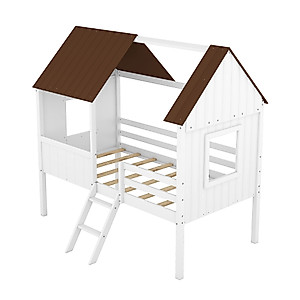 House Bed for Kids,Low Loft Bed Frames Twin Size,Wood Toddler House Bed with Two Side Windows and Roof for Kids/Teens/Girls/Boys,White